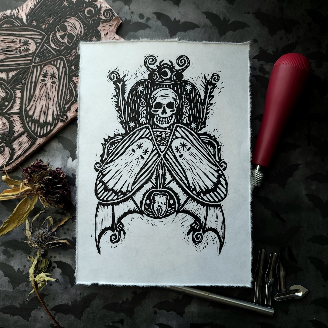 Unusual Linocut Print 5 X 7 | Ghost | Skull | Beetle | Bug | Spooky ...