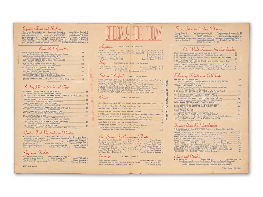 Vintage Menu, the Brass Rail, Souvenir Menu, Restaurant Ephemera ...