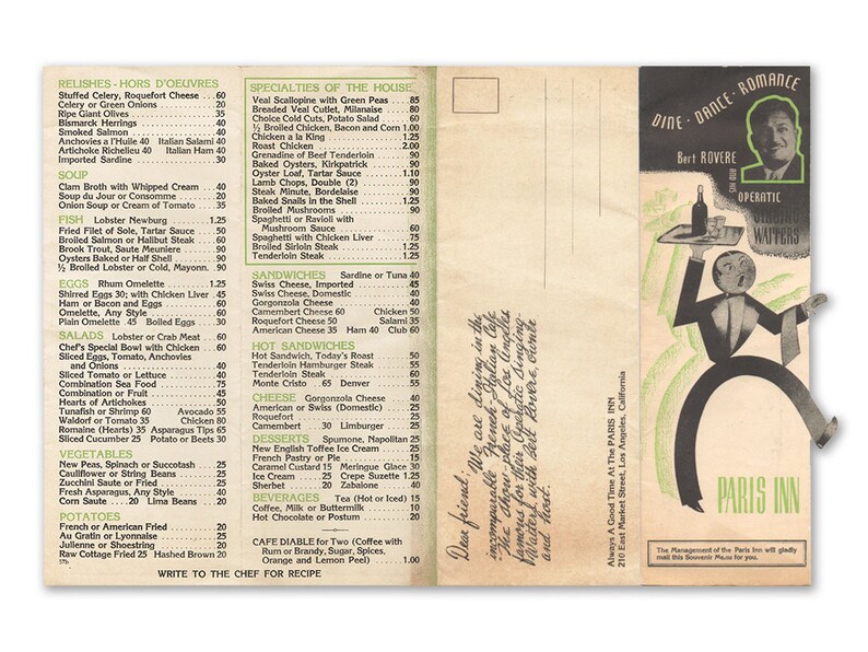 Vintage Menu, Paris Inn, Souvenir Menu, Restaurant Ephemera, Vintage ...
