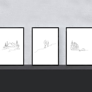 Set of Three Minimalist Outdoor Prints Monoline Nature Hiking Print ...