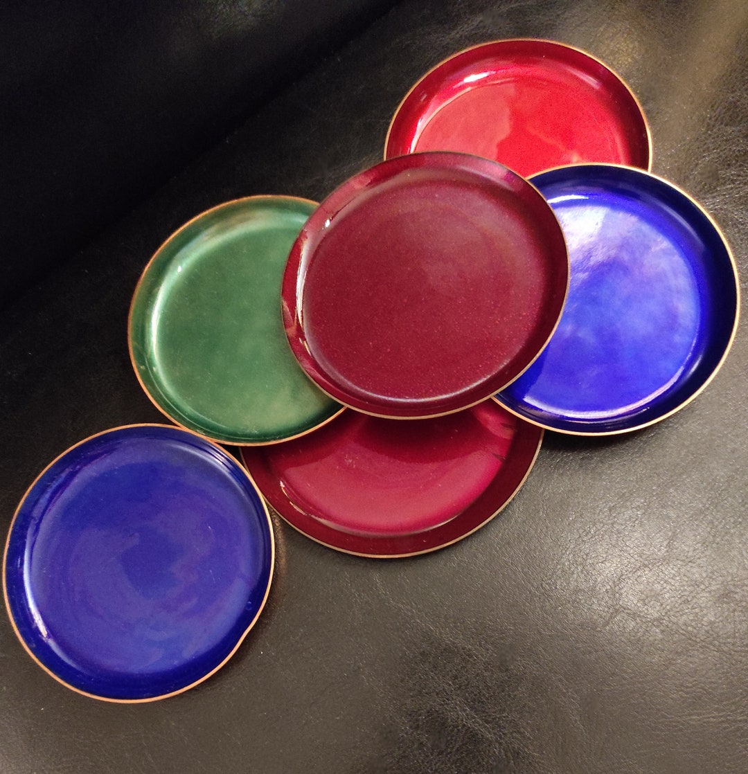 Set of 6 Vintage Сopper Enamel Coasters in Assorted Colors - Mid ...