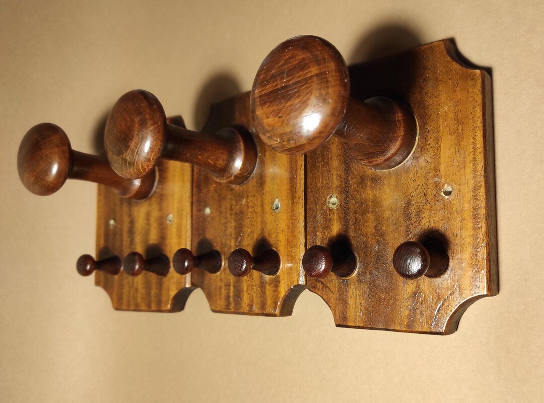 Set of Three Vintage Brown Wood Coat Hooks - Handcrafted Wooden Coat ...