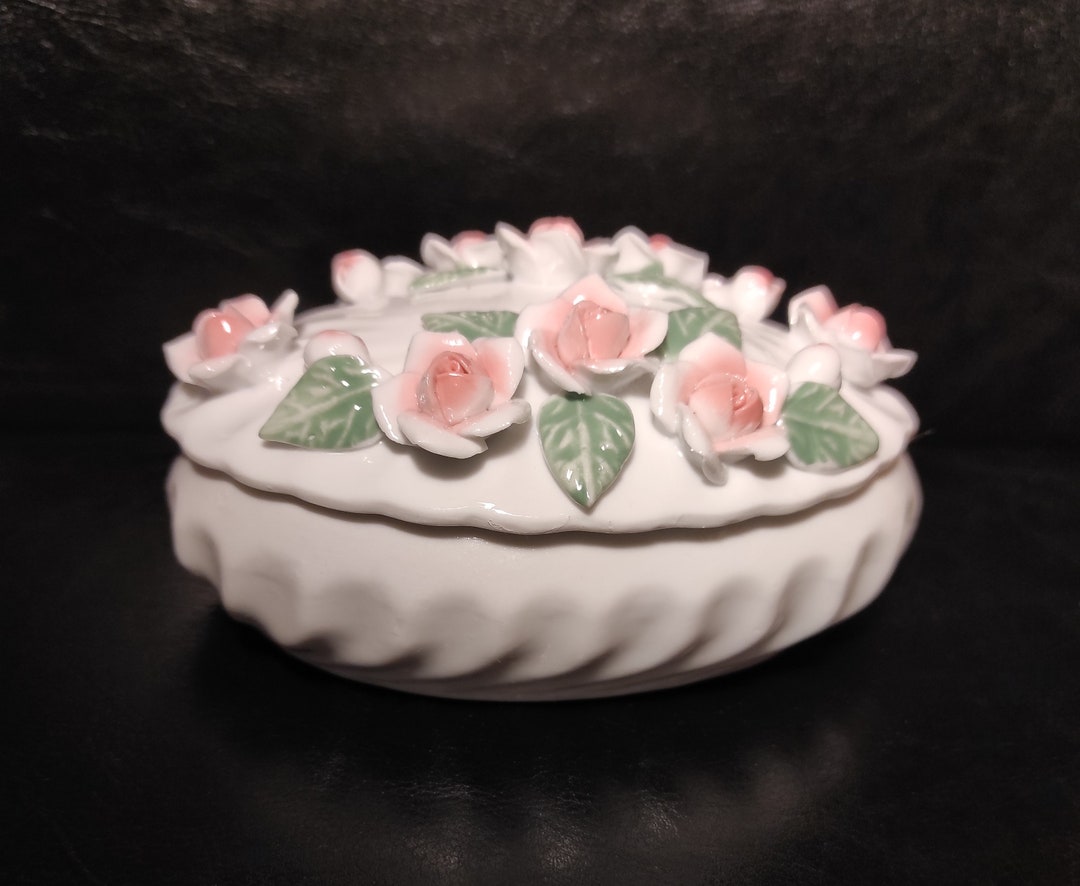 Vintage Porcelain Jewelry Box With Molded Flowers Oval Porcelain Box ...