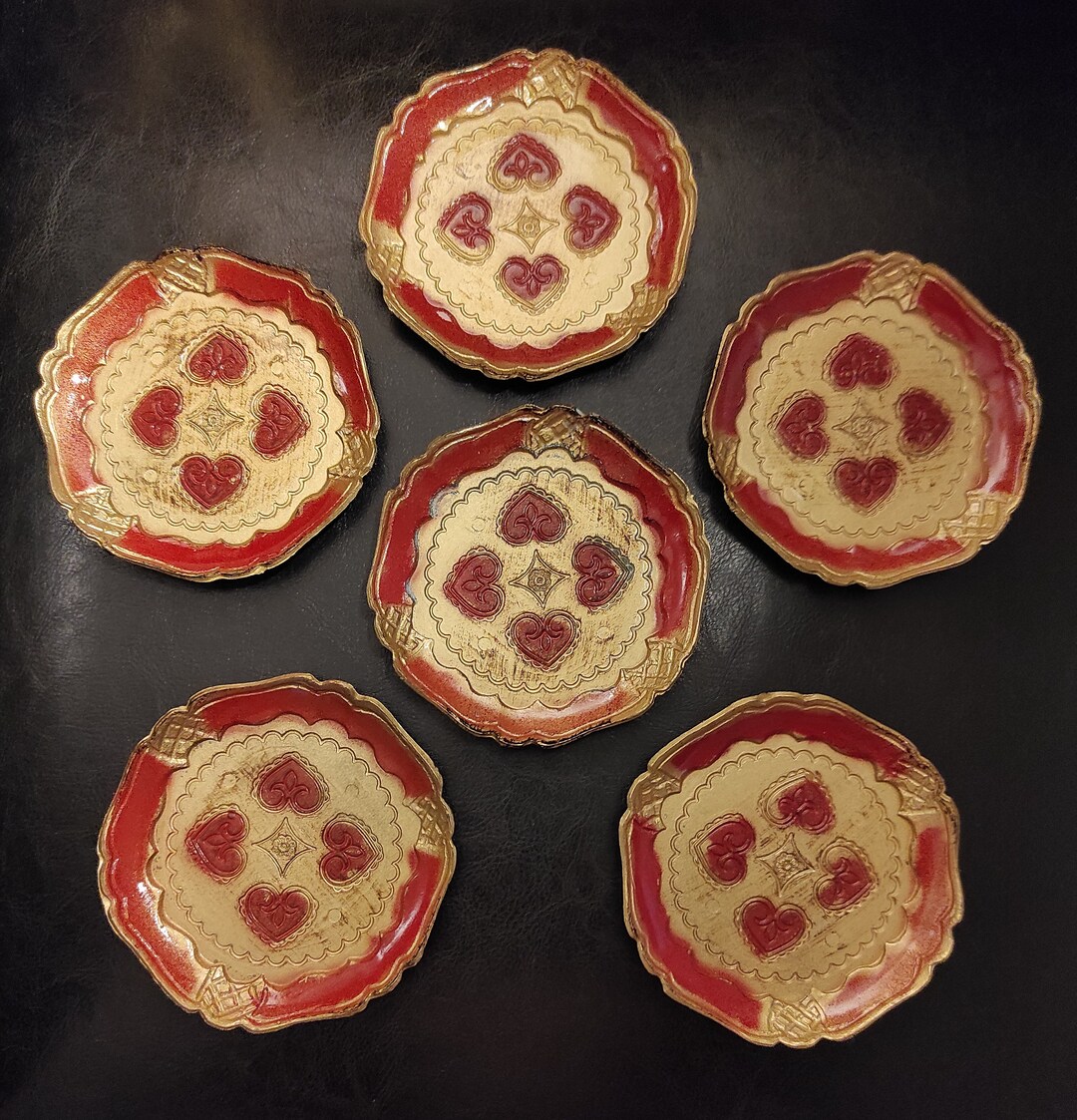 Set of 6 Vintage Italian Coasters Old Distressed Red and Gold Coasters ...