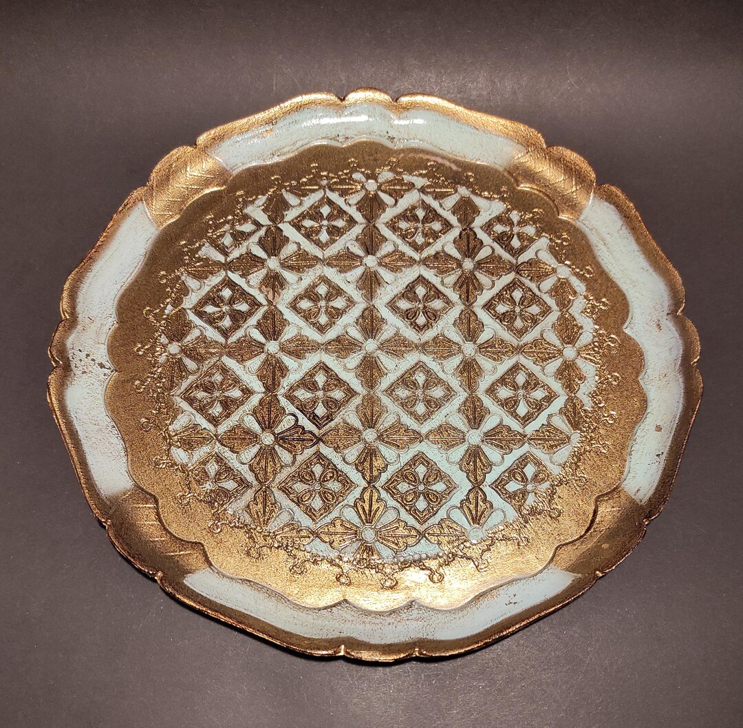 Vintage Round Light Blue With Gold Italian Mid Century Tray/plastic ...
