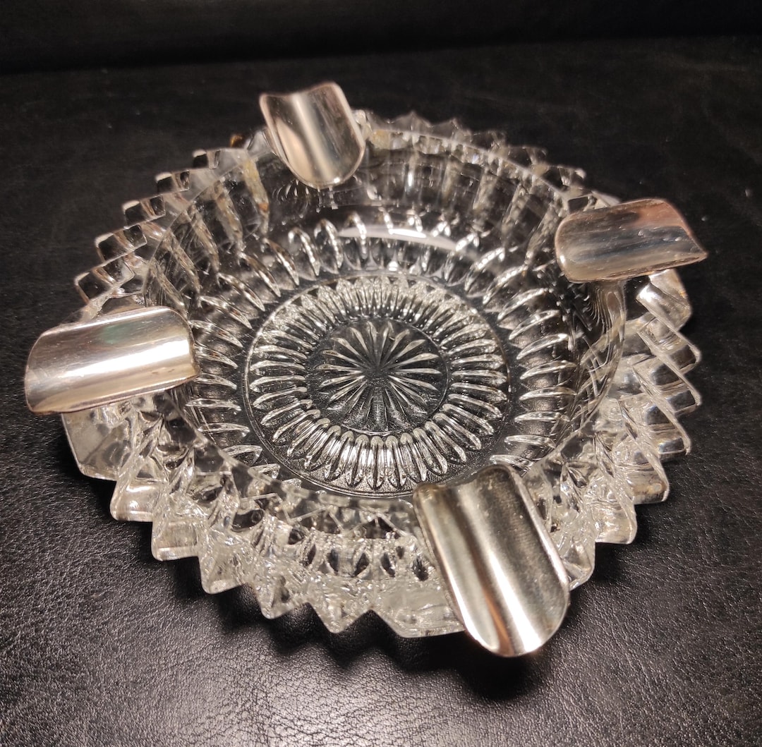 Small Vintage Pressed Crystal Glass Ashtray With Silver Plated Trims ...