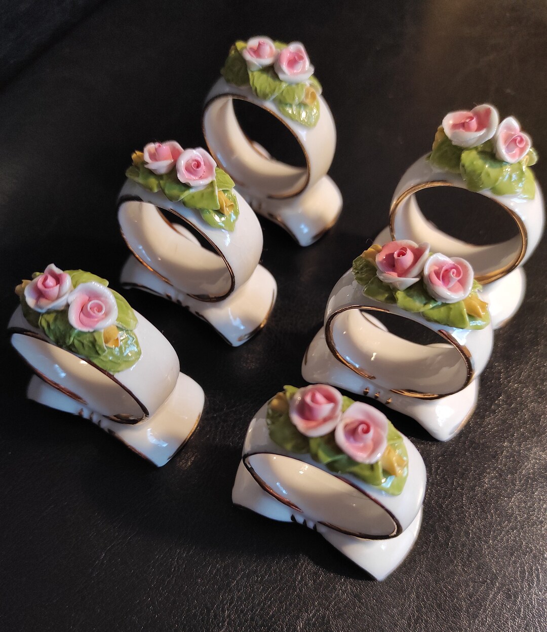 Vintage Set Porcelain Napkin Rings With Delicate Stucco Roses German ...