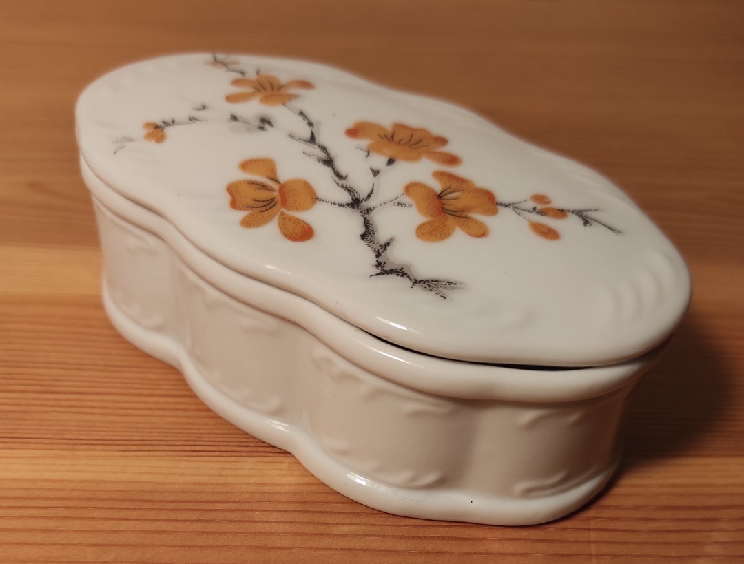 Vintage Porcelain Jewelry Storage Box/ Oval Small Porcelain Trinket Box ...