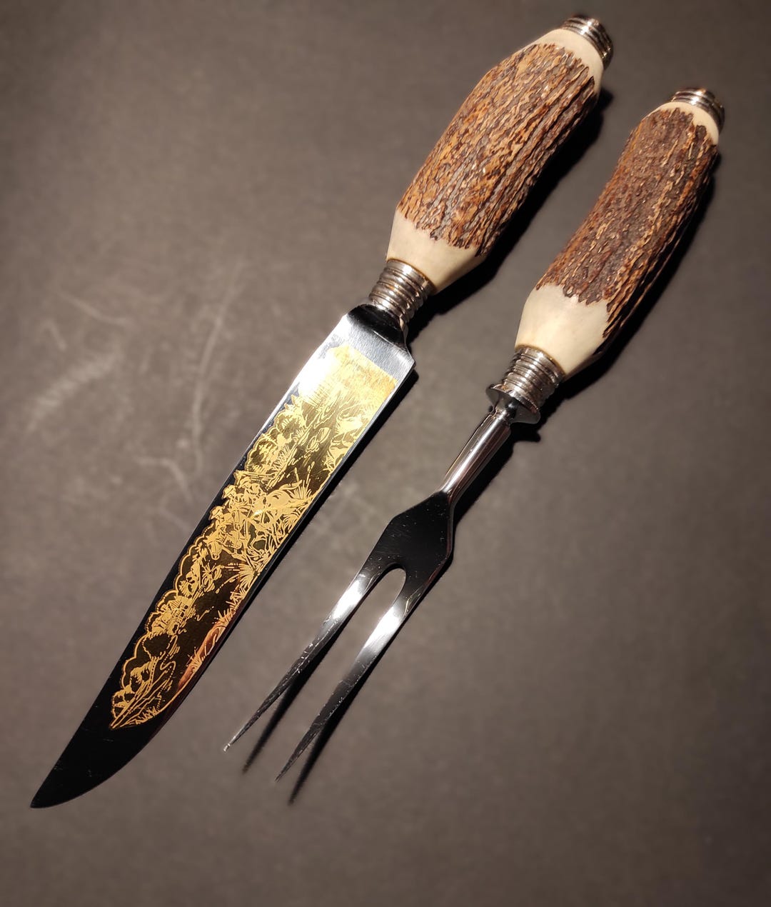 Very Large Vintage Meat Knife and Fork With Horn Handles/gift Meat ...