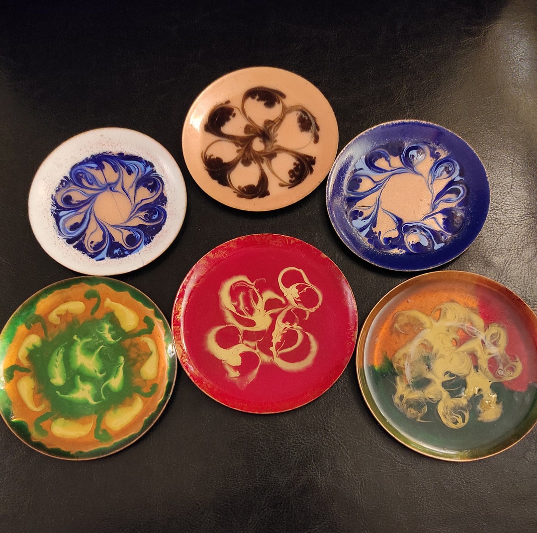 Copper - Set of 6 Vintage Copper Enamel Coasters - Old Multi-colored ...