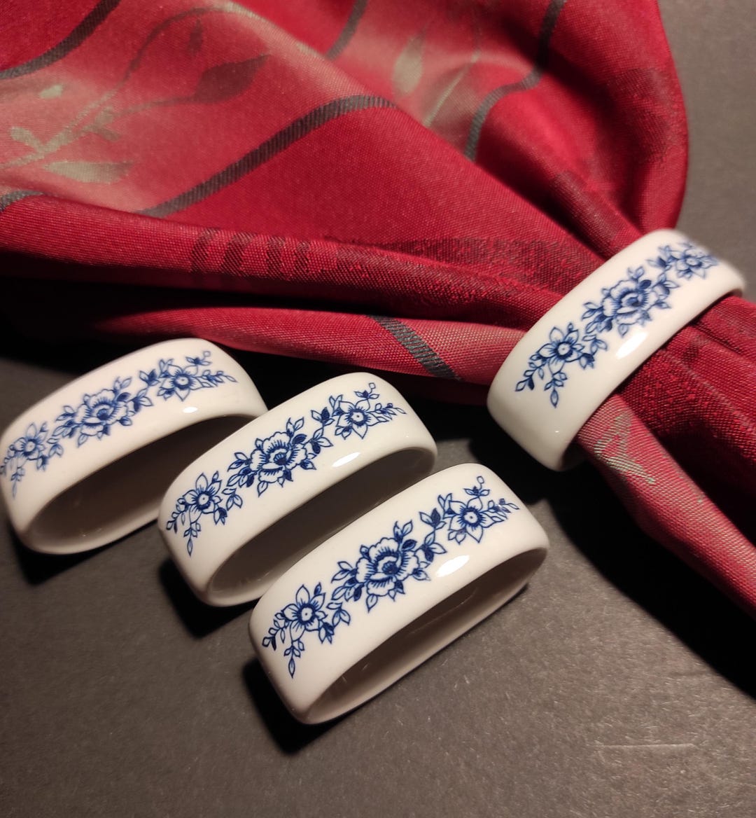 Set of 4 Vintage Porcelain Napkin Rings With Blue Cobalt Floral Pattern ...