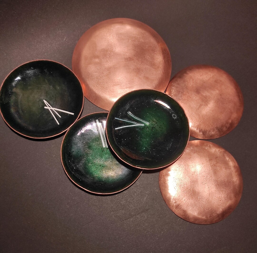 Set of 6 Antique Copper Enamel Coasters in Different Sizes and Colors ...