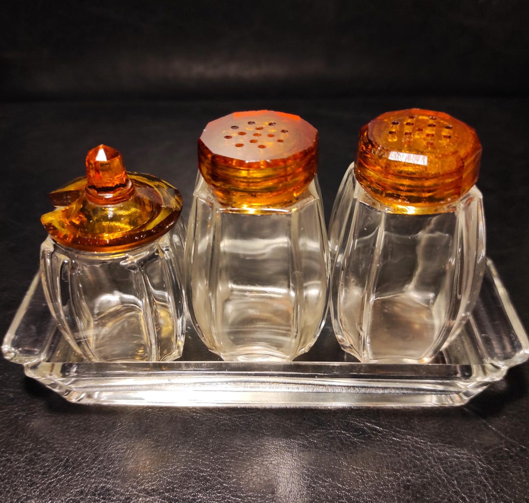 Antique Czech Glass Salt and Pepper Cellars Set on Small Tray From Mid ...