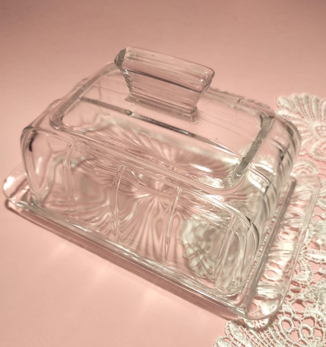 Butter Dish - Vintage Pressed Glass Butter Dish With Lid / Art Deco ...