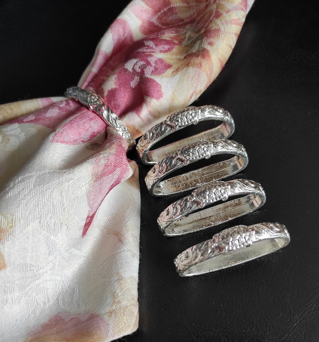 Vintage Fine Silver Tone Delicate Napkin Rings Five Old Turtle Pattern ...