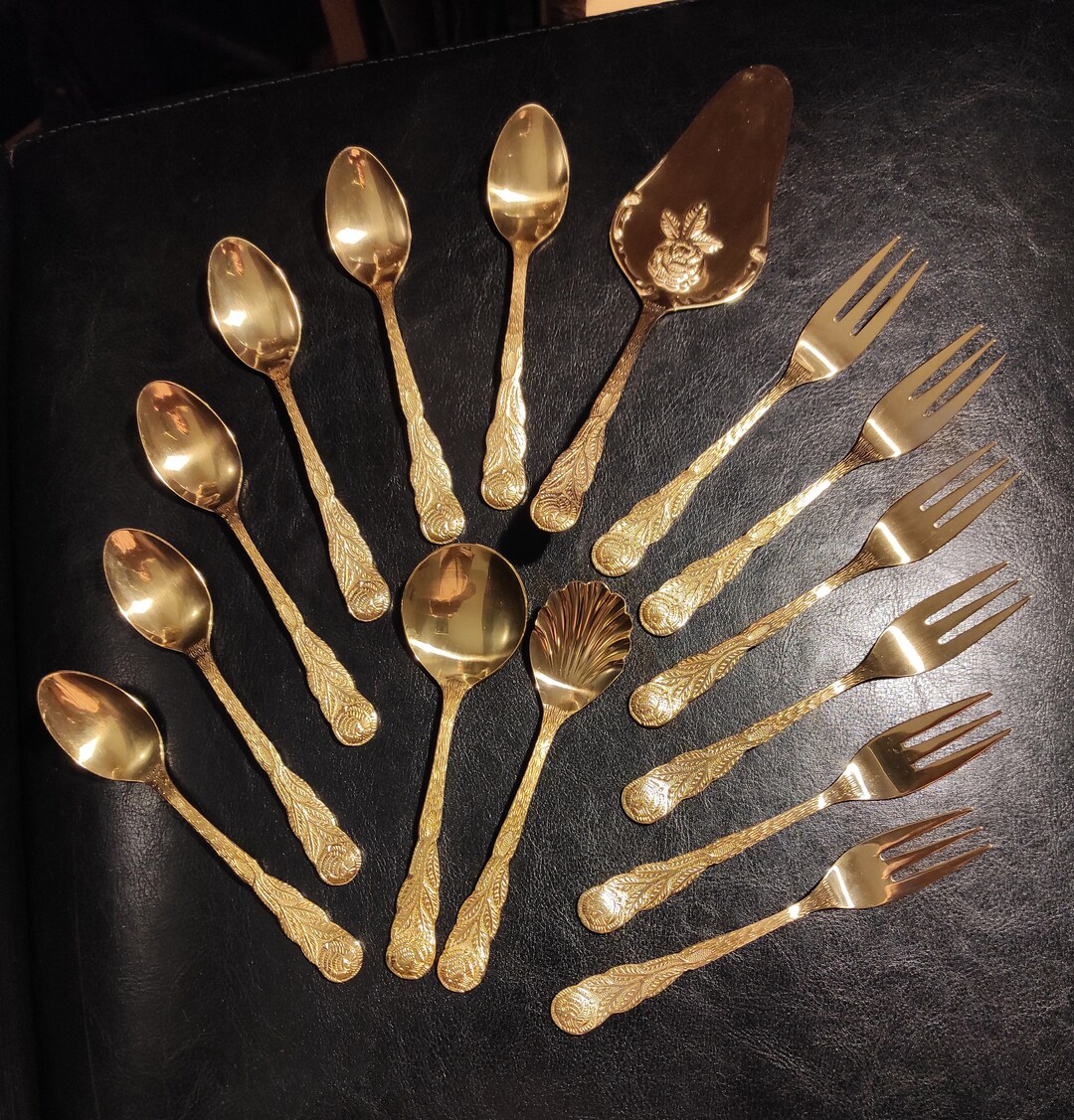 Vintage Gold Colored Cutlery Set Consisting of Vintage Dessert Spoons ...