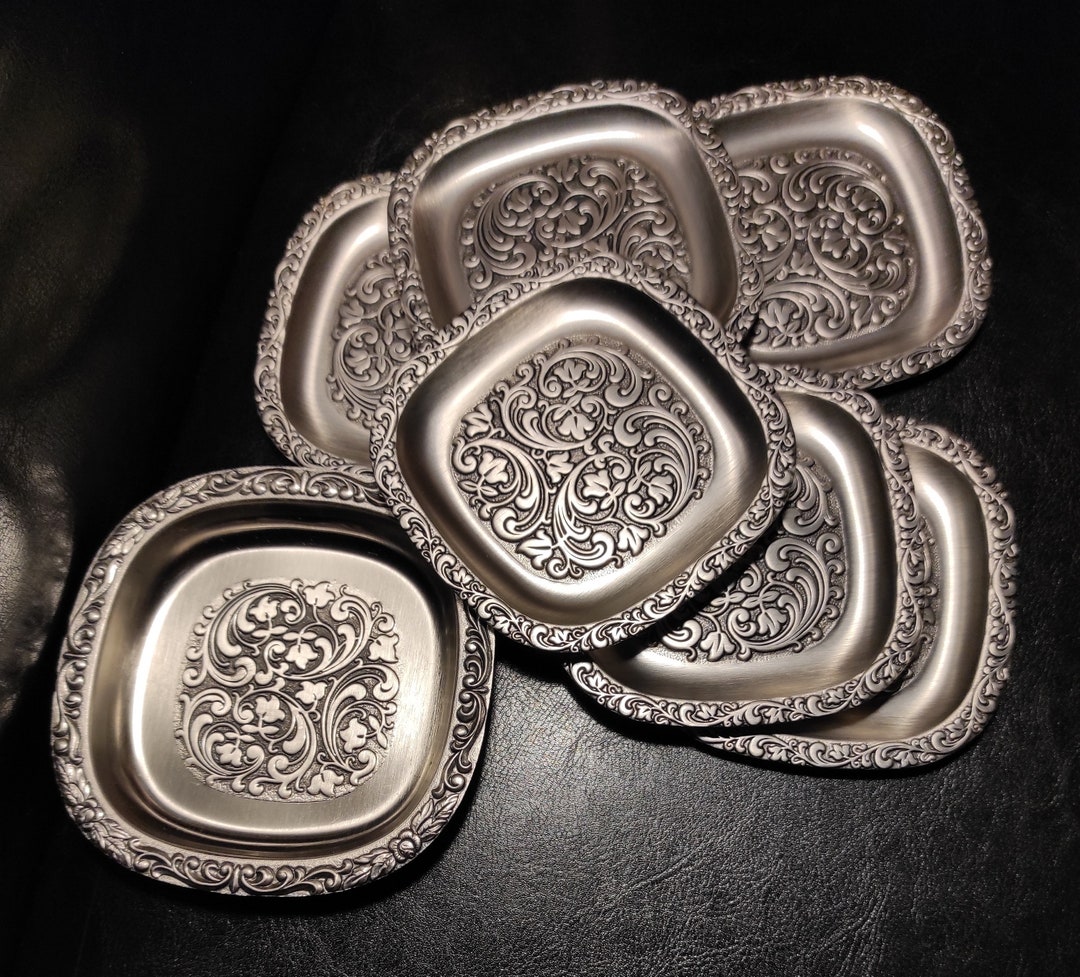 Set of 7 Vintage Embossed Mid Century Steel Coasters With Floral Design ...