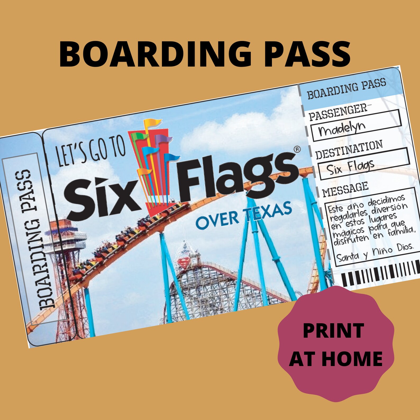Six Flags Printable Airline Ticket Boarding Pass Template, Vacation ...