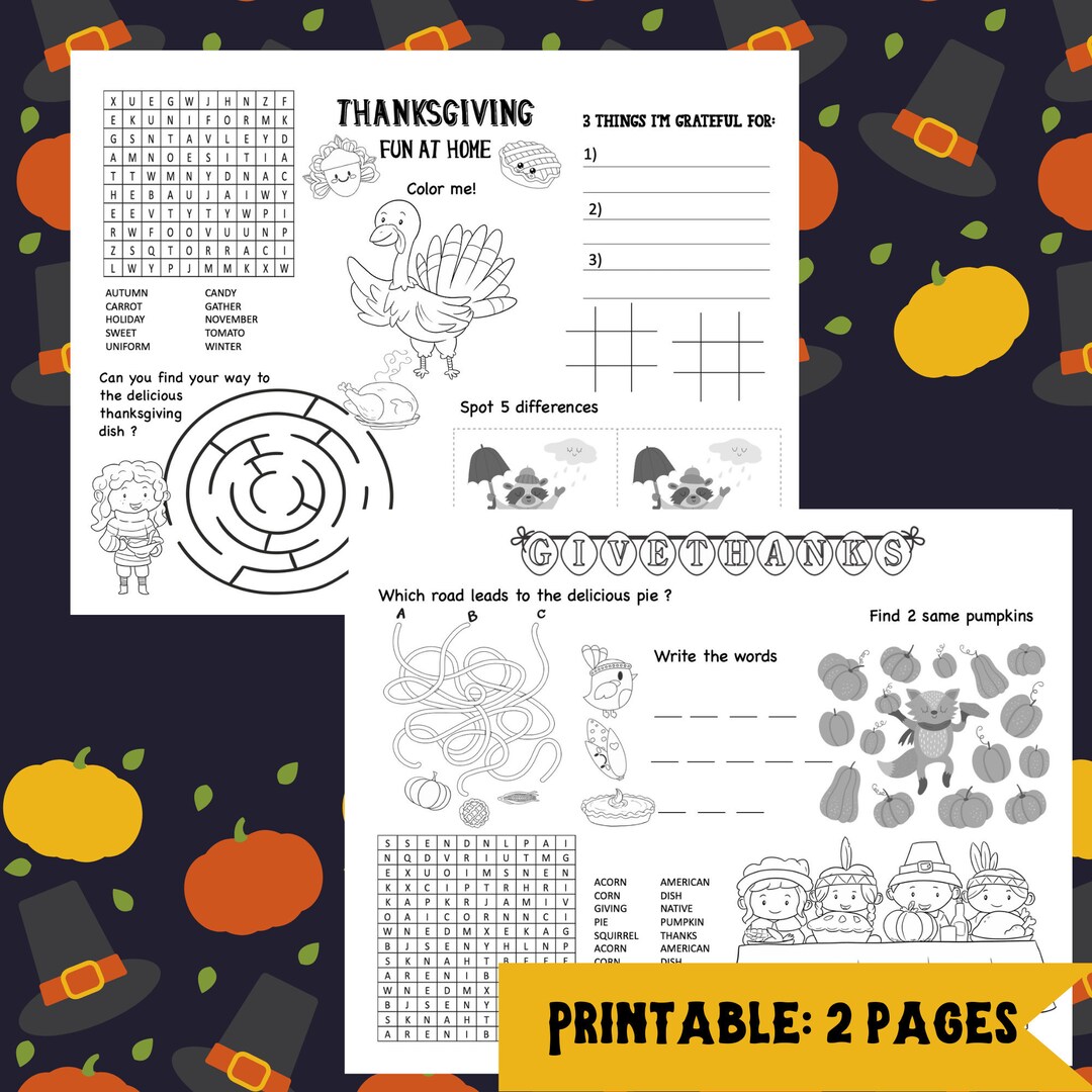 Instant Download Thanksgiving Printable Mats for Kids, Printable ...