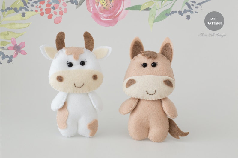 Felt Farm Animals Sewing PDF Pattern, Horse, Pig, Sheep, Cow and Chick ...