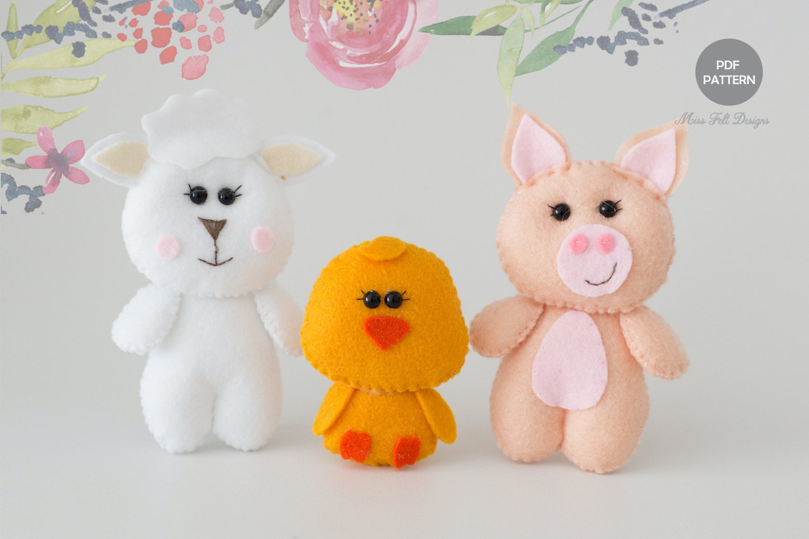 Felt Farm Animals Sewing PDF Pattern, Horse, Pig, Sheep, Cow and Chick ...