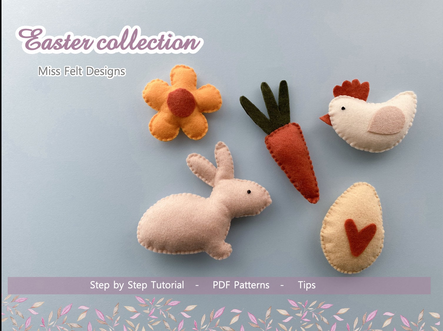 FELT EASTER PDF Pattern - Easter Garland, Bunny, Chick, Flower, Egg ...