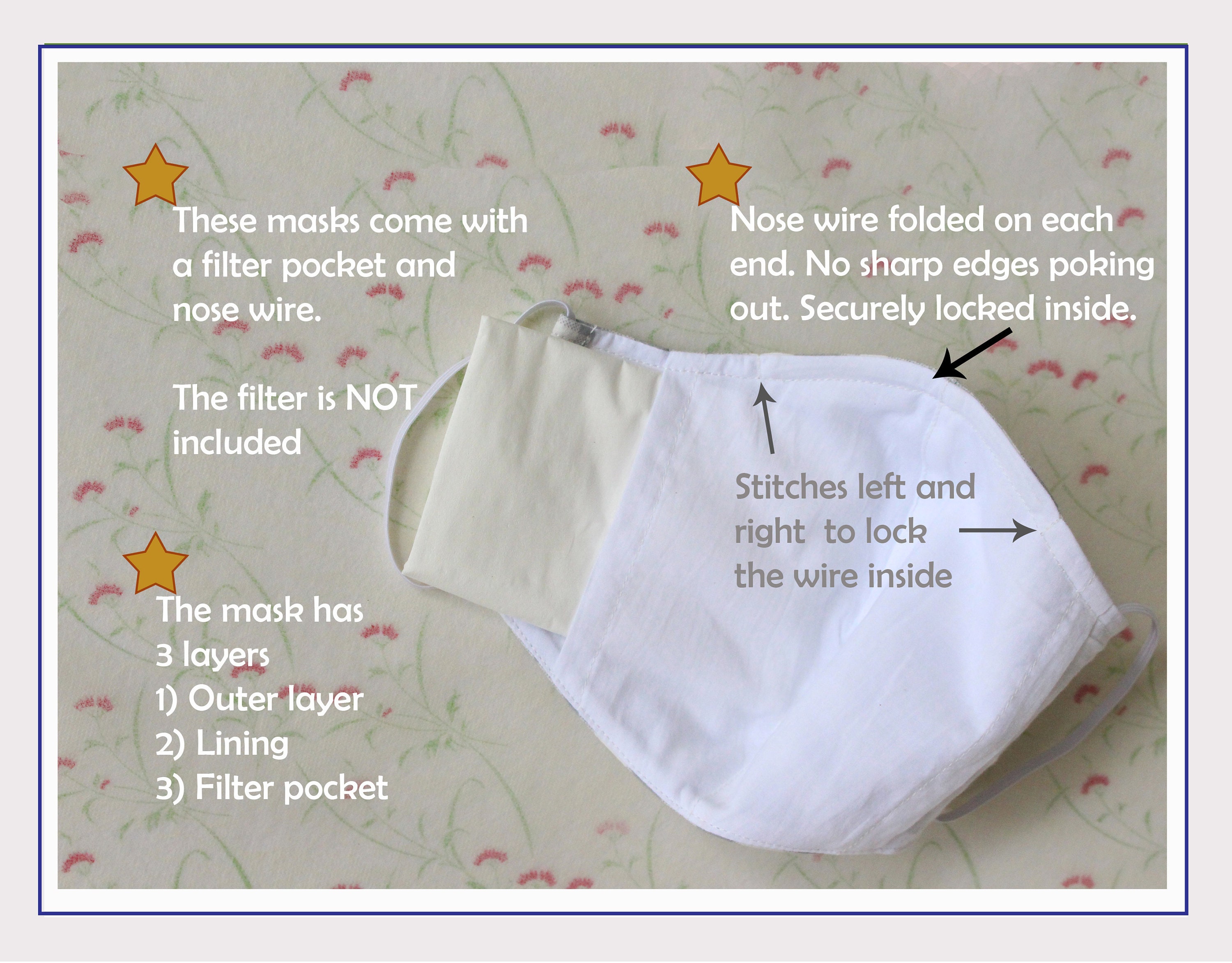 Embroidered Fabric Face Mask for Woman With Nose Wire Filter - Etsy