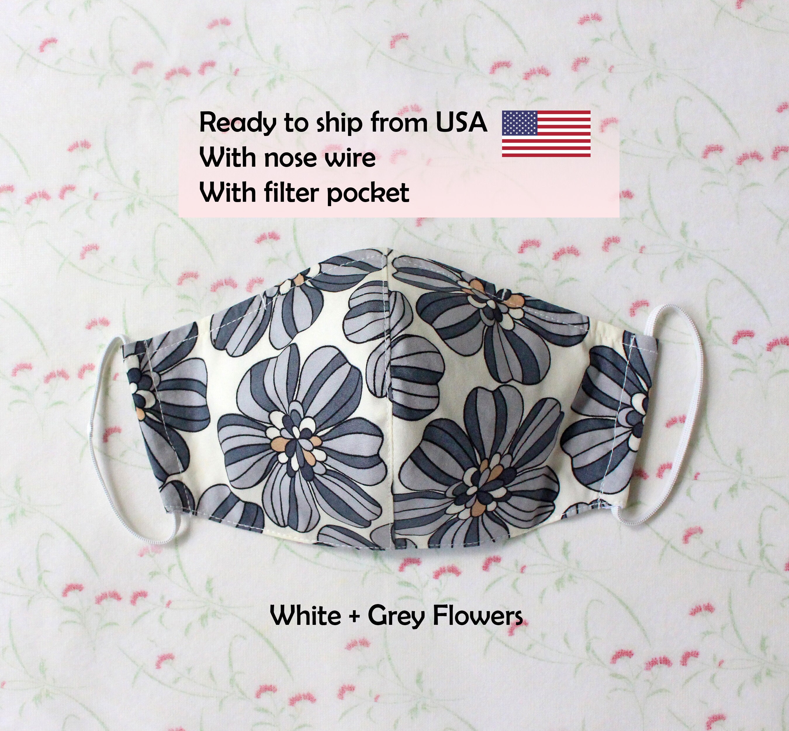 Large Grey Flowers 100% Cotton Fabric Face Mask With Nose Wire - Etsy