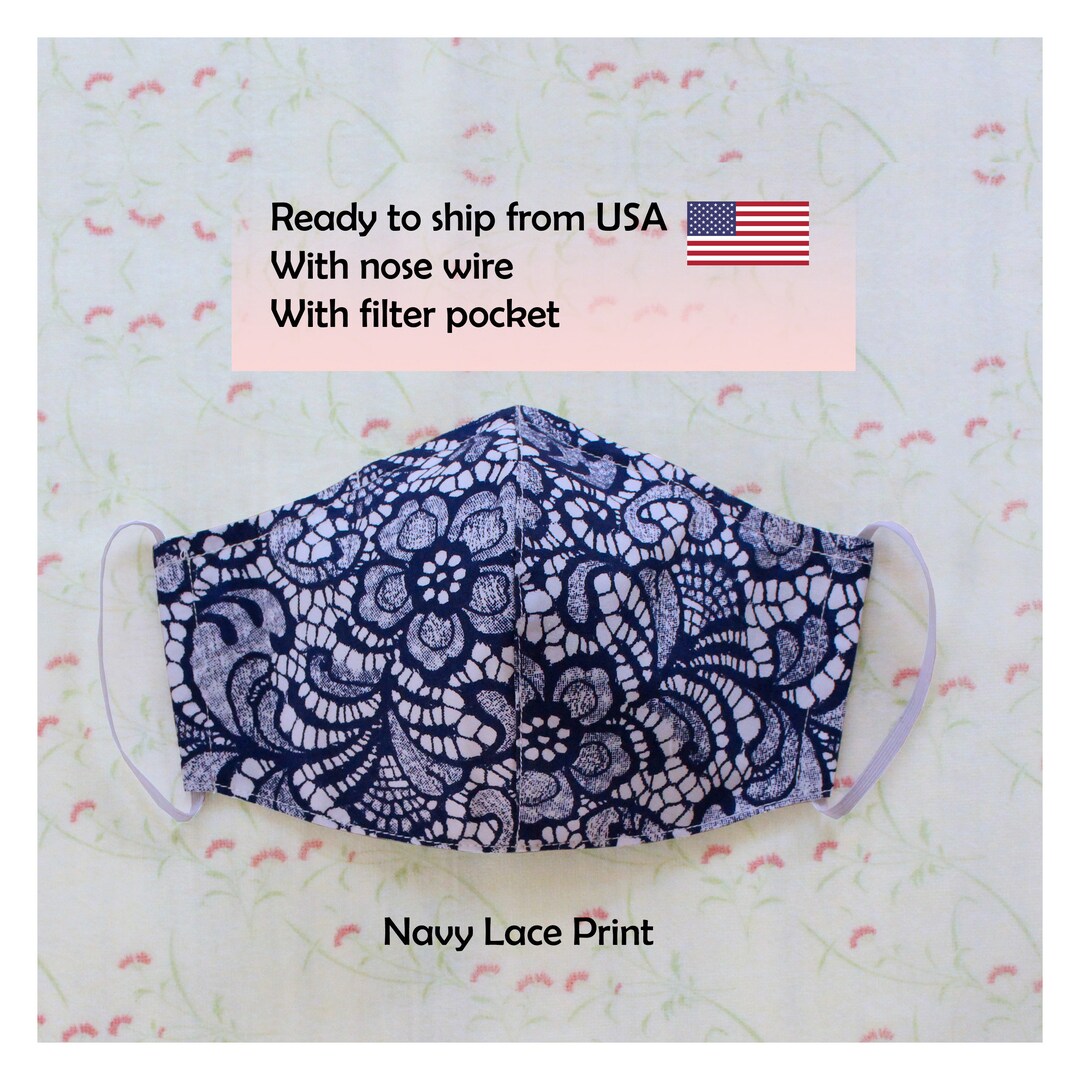 Navy Blue Lace Print Cotton Face Mask With Nose Wire and Filter Pocket ...