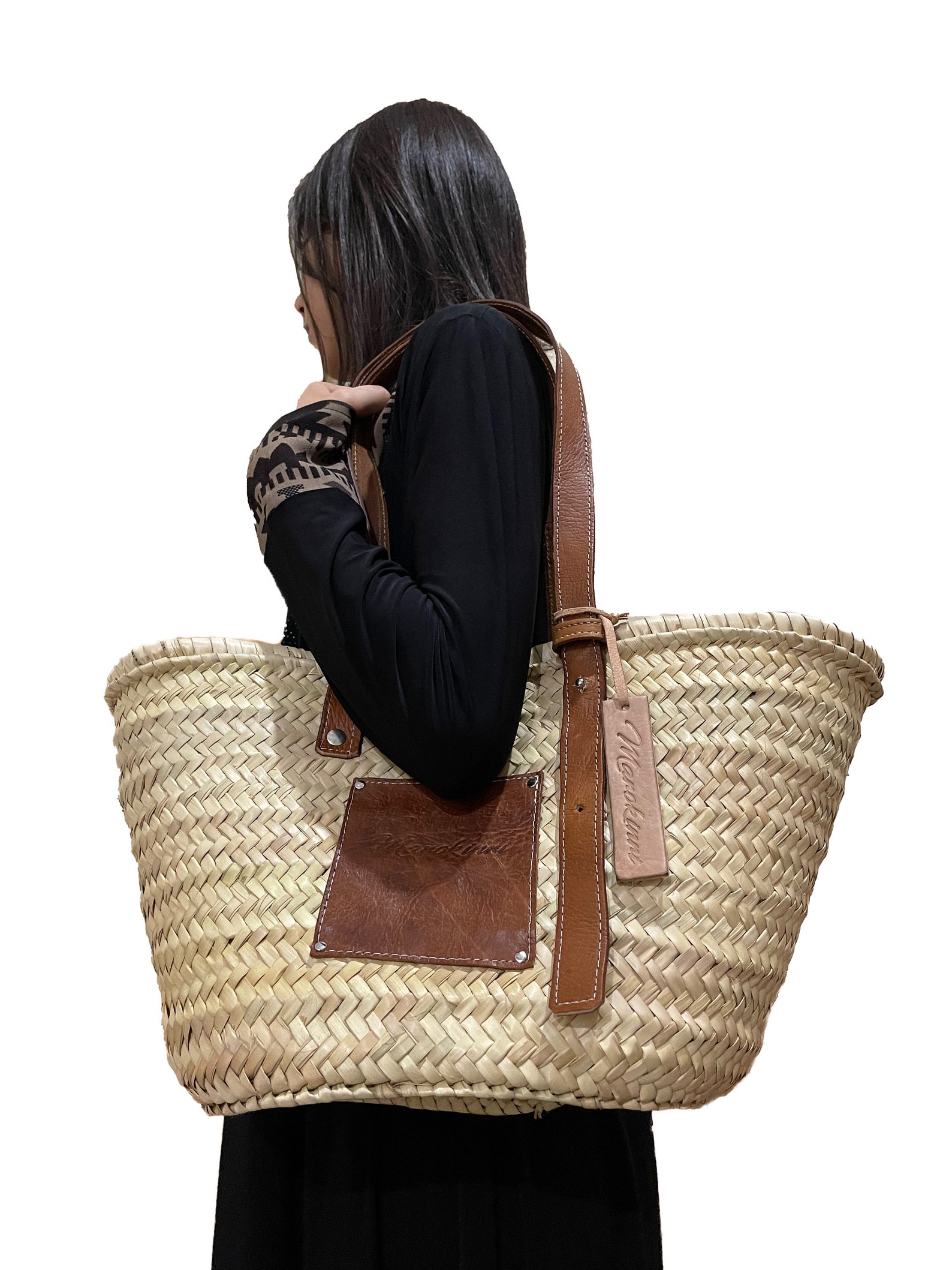 Design Straw Basket Adjustable Long Leather Handles Straw - Etsy