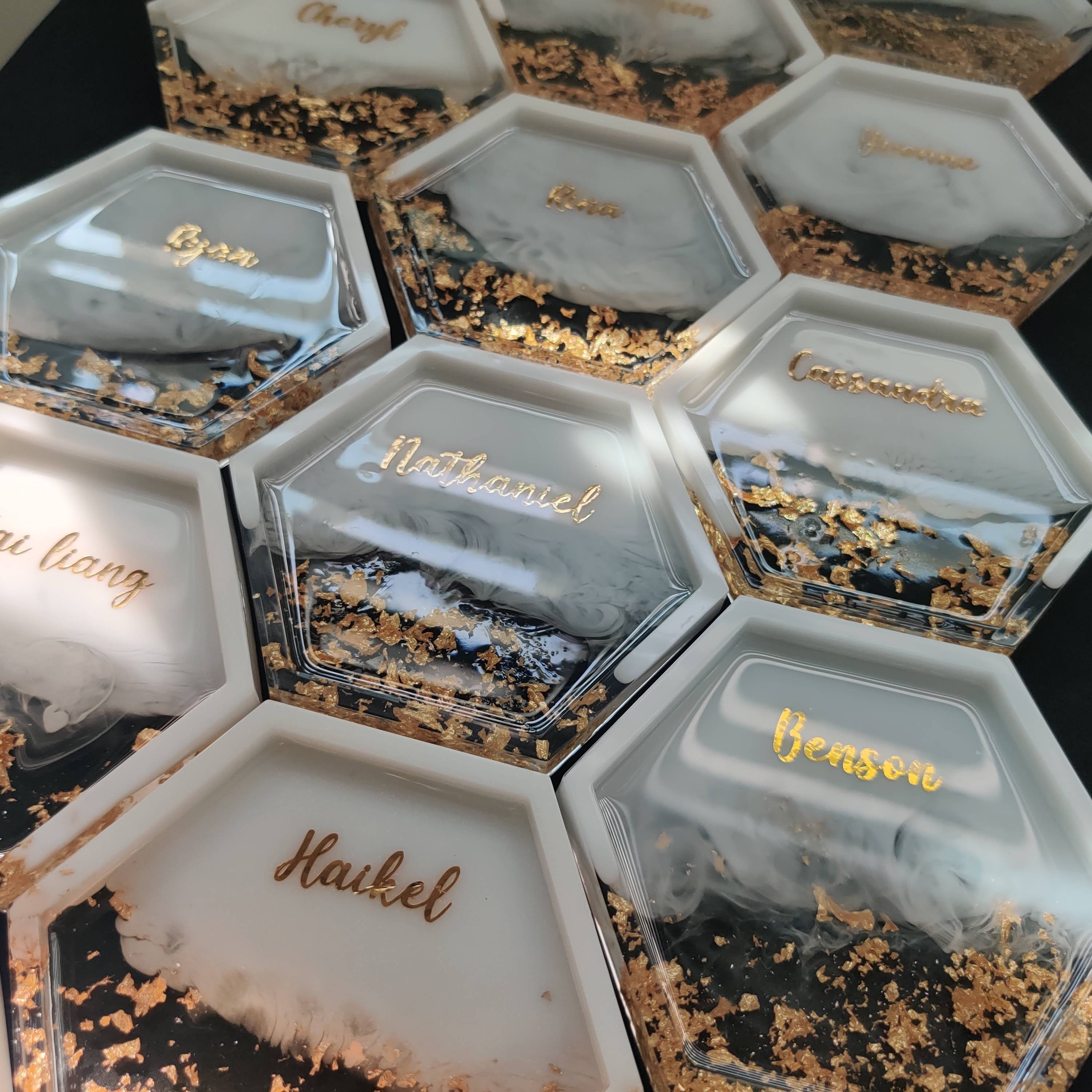 Custom Names: Hexagon White and Gold Epoxy Resin Coasters - Etsy