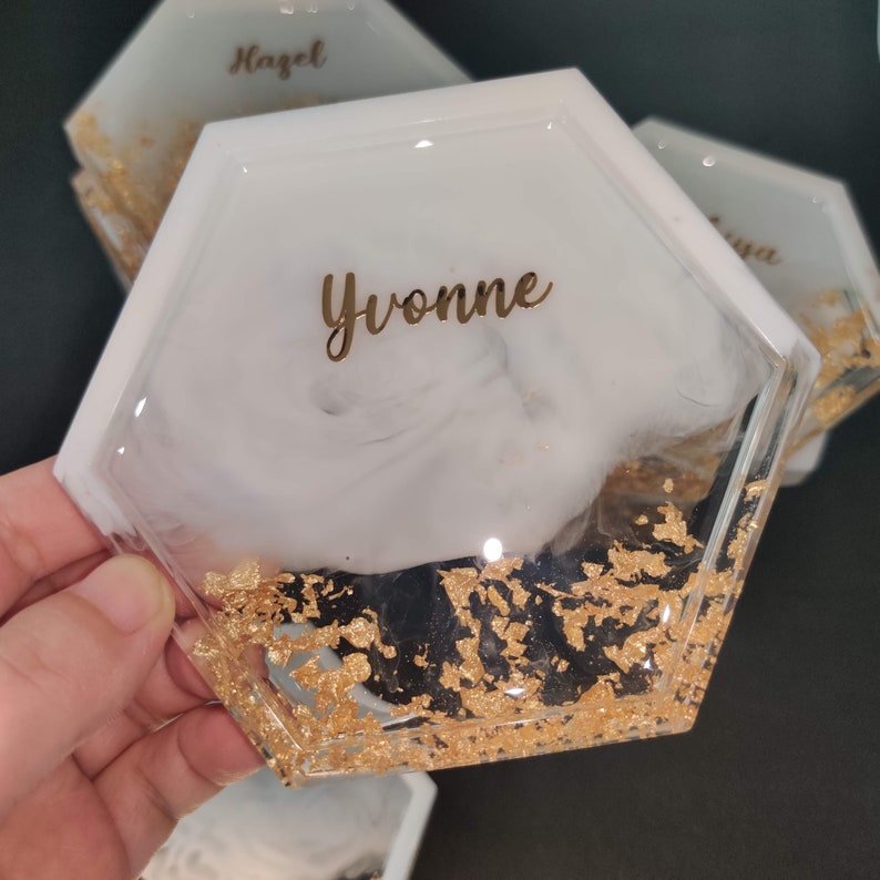 Custom Names: Hexagon White and Gold Epoxy Resin Coasters - Etsy