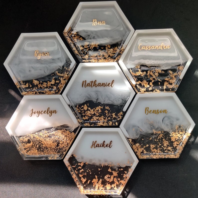 Custom Names: Hexagon White and Gold Epoxy Resin Coasters - Etsy