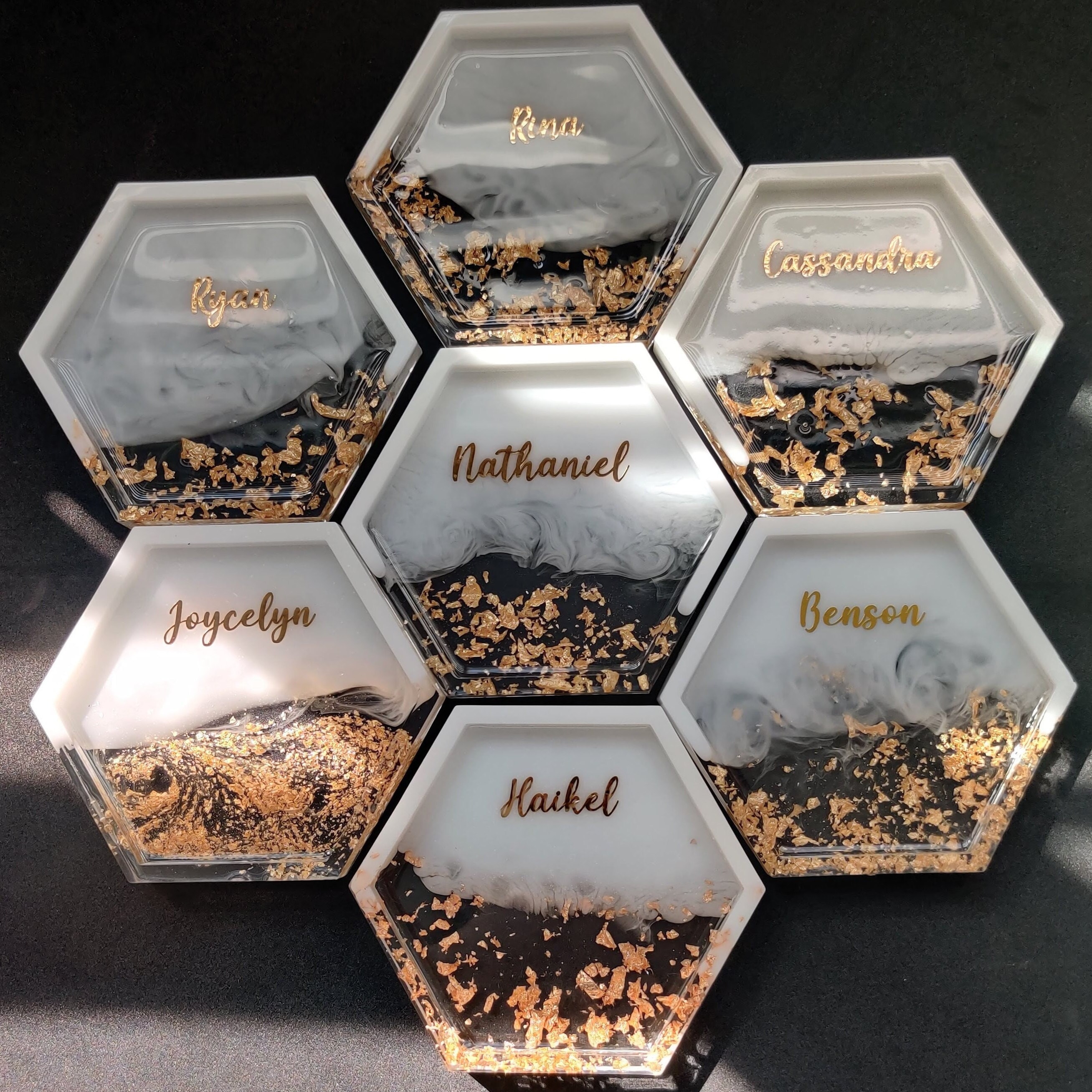 Custom Names: Hexagon White and Gold Epoxy Resin Coasters - Etsy