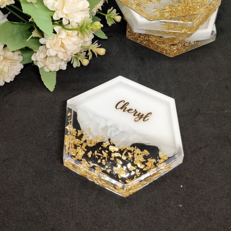 Custom Names: Hexagon White and Gold Epoxy Resin Coasters - Etsy