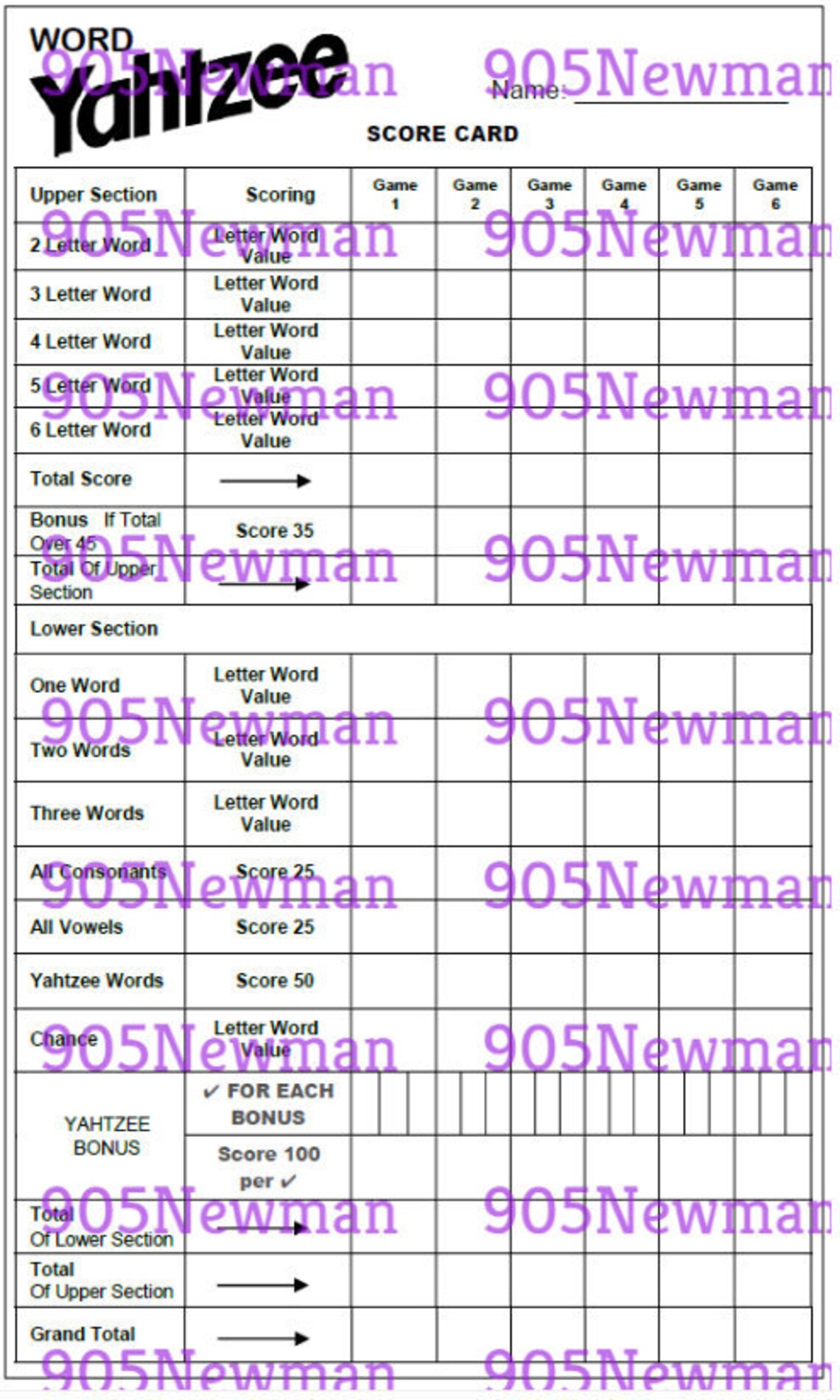 Digital Word Yahtzee Score Cards - Etsy