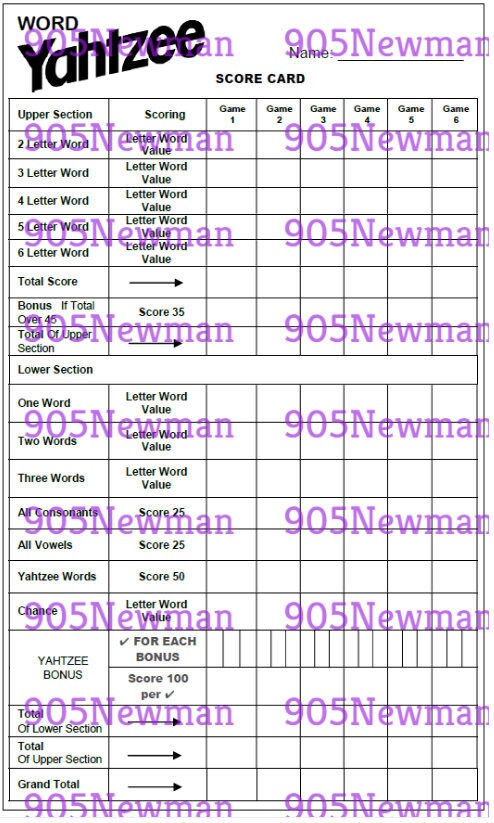 Digital Word Yahtzee Score Cards - Etsy