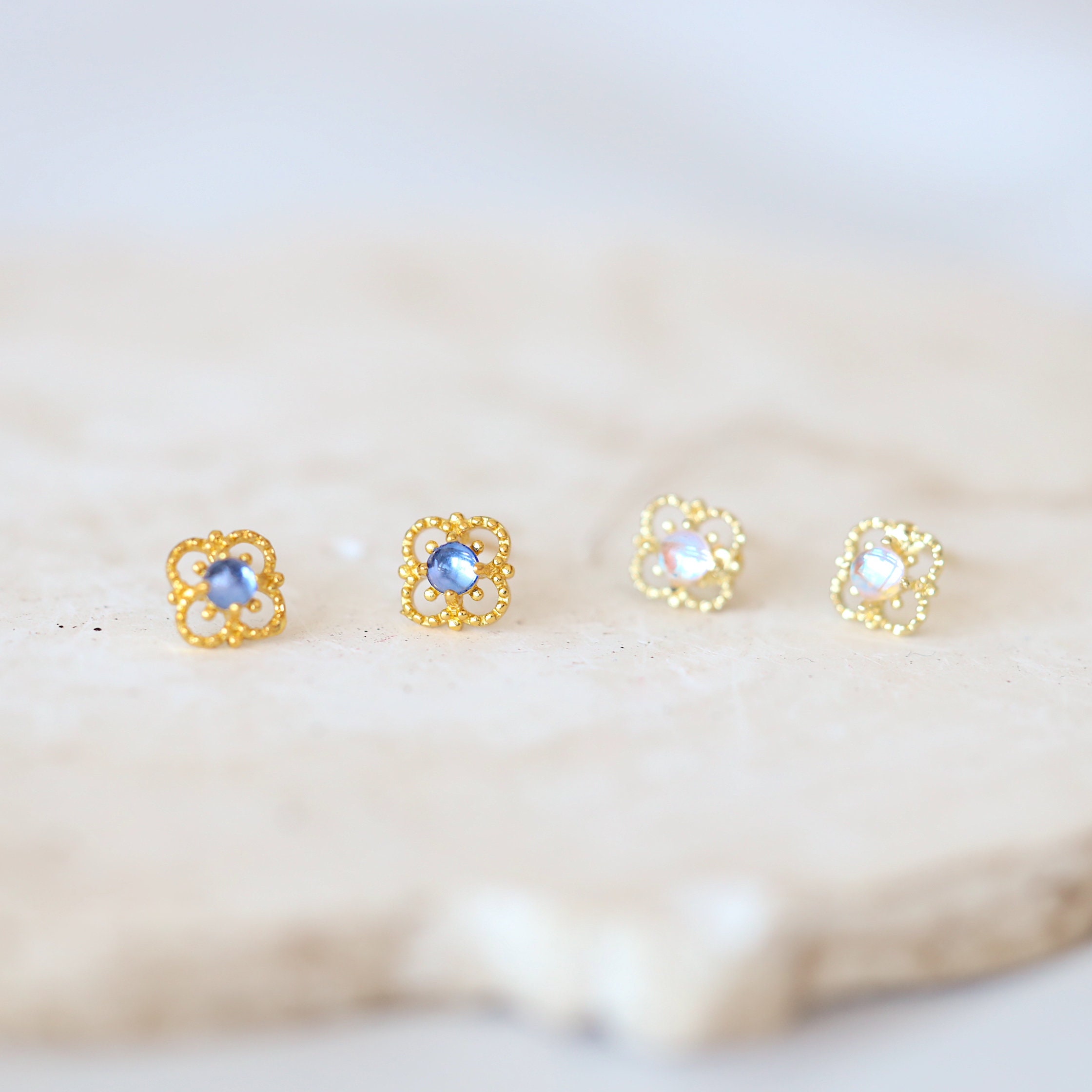 Moonstone Studs, Tiny Gem Studs, Blue Vintage Studs Earrings, Dainty Gold Earrings, Feminine ...