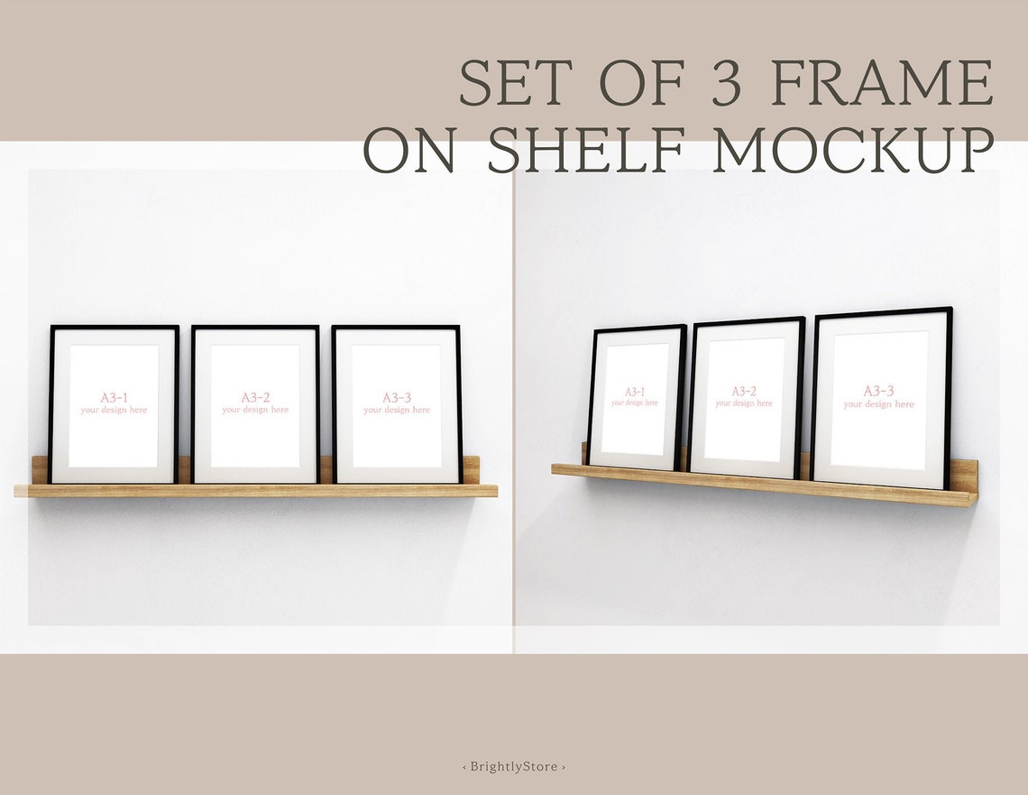 Set of 3 Frame Mockup Black Frame Oak Picture Shelf Living | Etsy