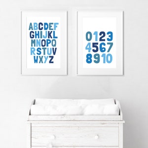 Alphabet Numbers Printable Art Blue set of 2 Nursery Decor - Etsy