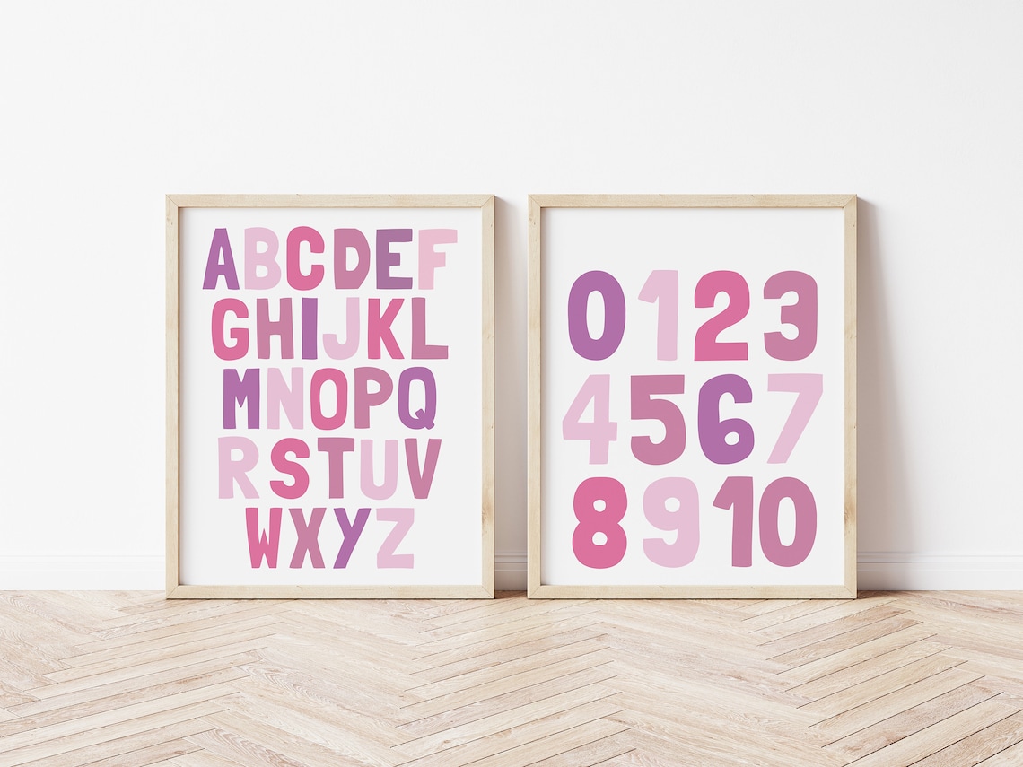 Alphabet Numbers Printable Art Pink set of 2, Nursery Decor, Kids Room ...