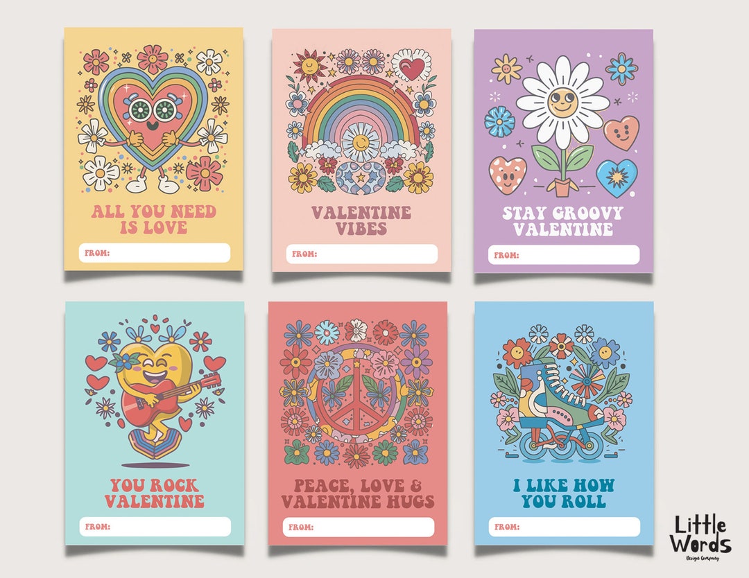 Retro Valentine Cards Hippie Valentine Cards Printable Groovy School ...