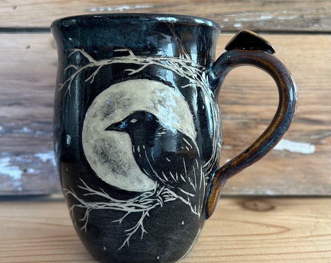 Holds 14 Oz. Handmade Rustic Raven, Crow, Bird Pottery Coffee Mug, Tea ...