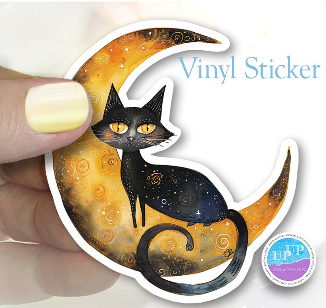 Magic Black Cat Sticker, Black Magic Cat Stickers ,gothic Cat on Moon ...