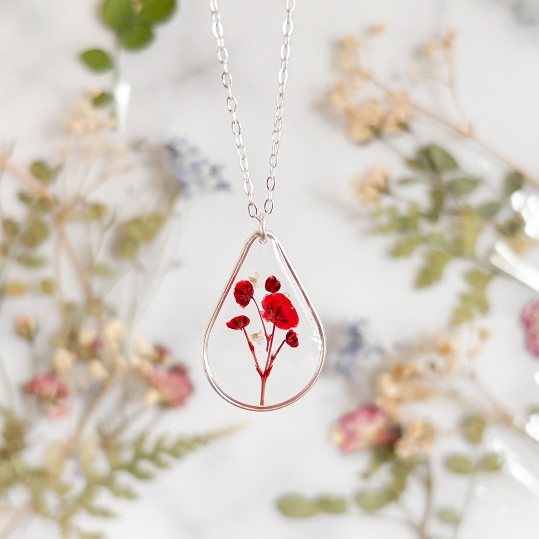 Sterling Silver Poppy Teardrop Resin Necklace – Handmade Floral ...