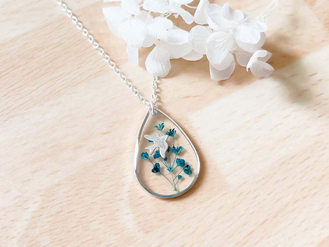 Silver Bird Necklace With Blue Flowers, Sterling Silver Teardrop ...