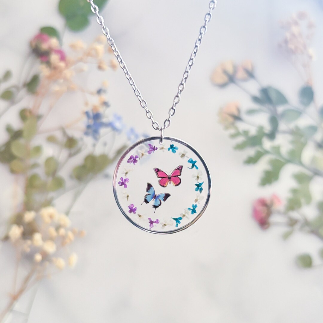 Butterfly Necklace With Real Flowers for Women, Handmade Garden Lover ...