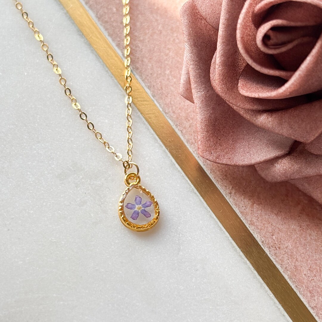 Gold Forget Me Not Teardrop Necklace for Women, Blue Flower Jewellery ...