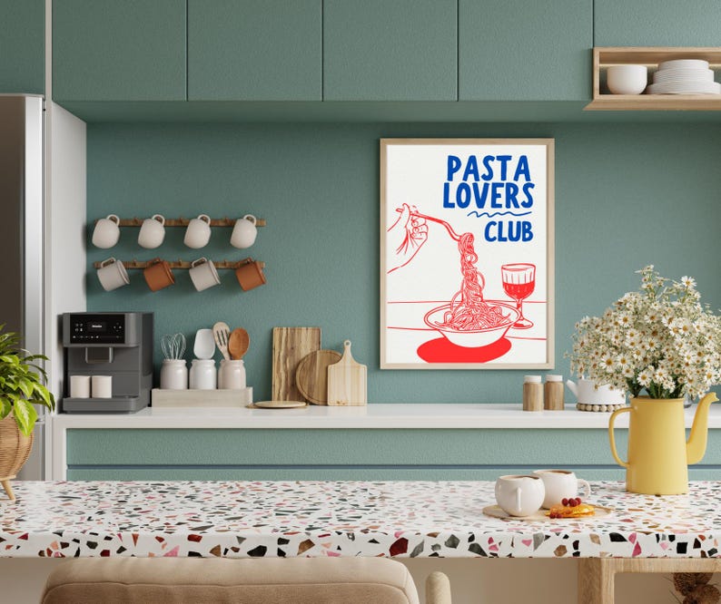 Funny Pasta Lovers Club Print: Spaghetti & Wine Kitchen Art (digital ...