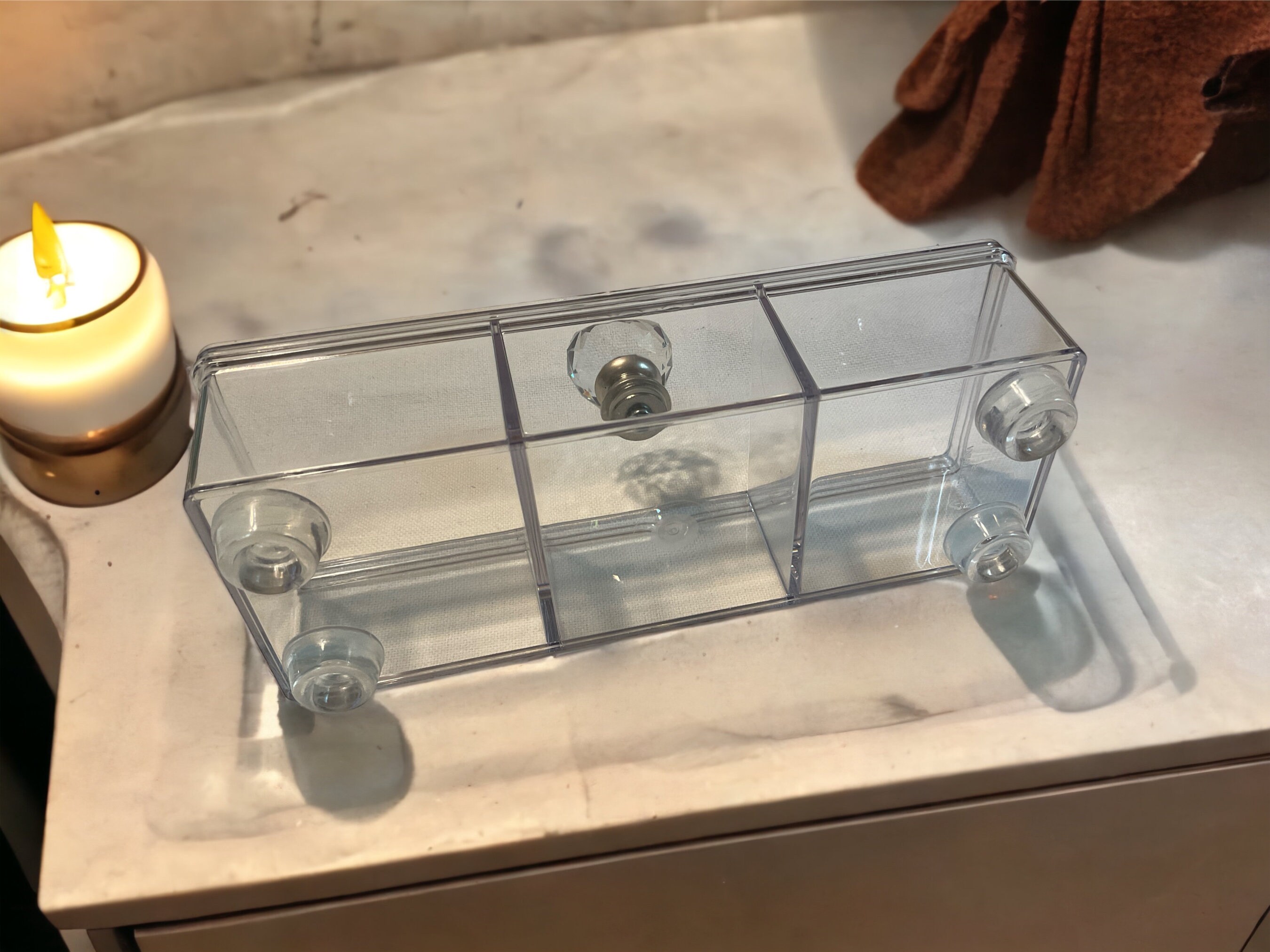 Clear Acrylic 3 Compartment Box With Lid, Round Faceted Crystal Knob ...
